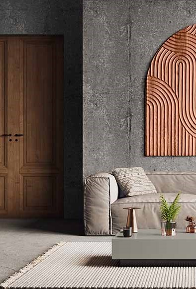 Modern bedroom with golden wall paneling and dressing table | Beautiful ...