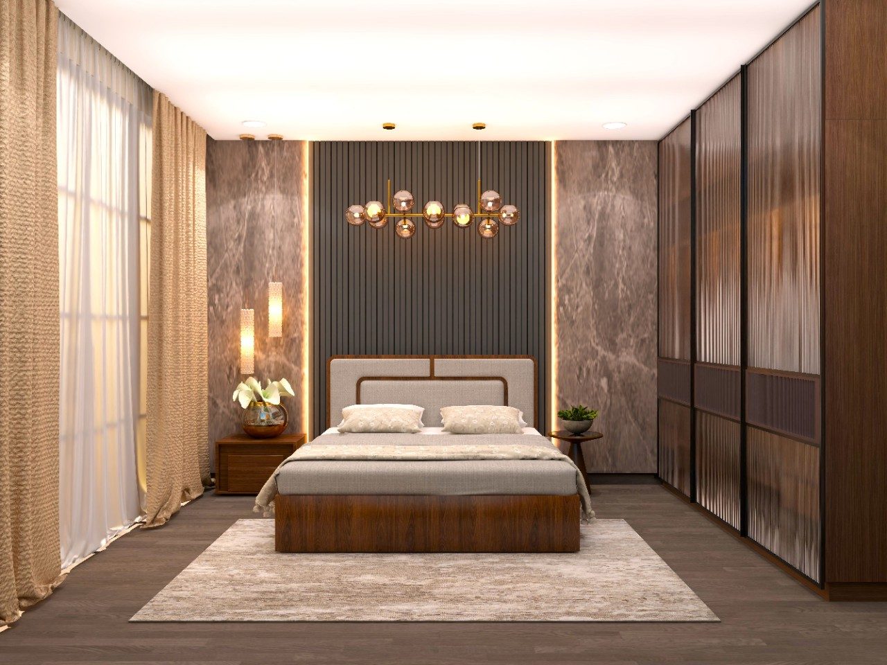 Modern bedroom with golden wall paneling and dressing table | Beautiful ...