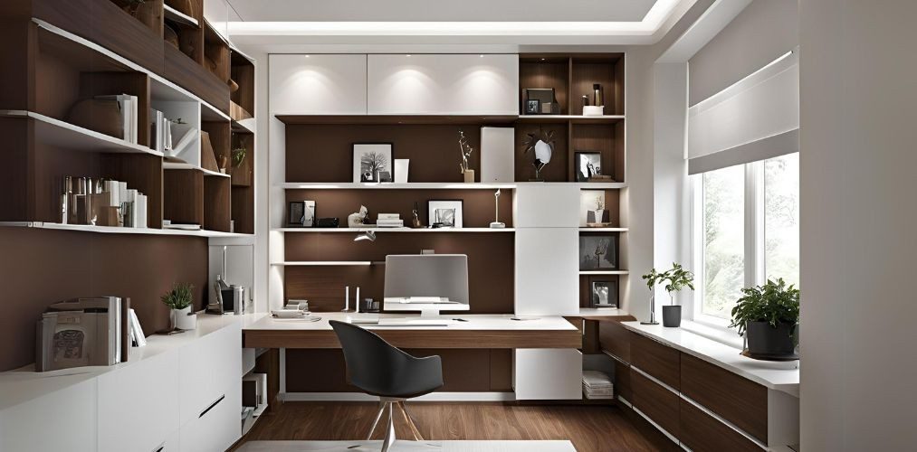 White and brown modern home office with wall shelves