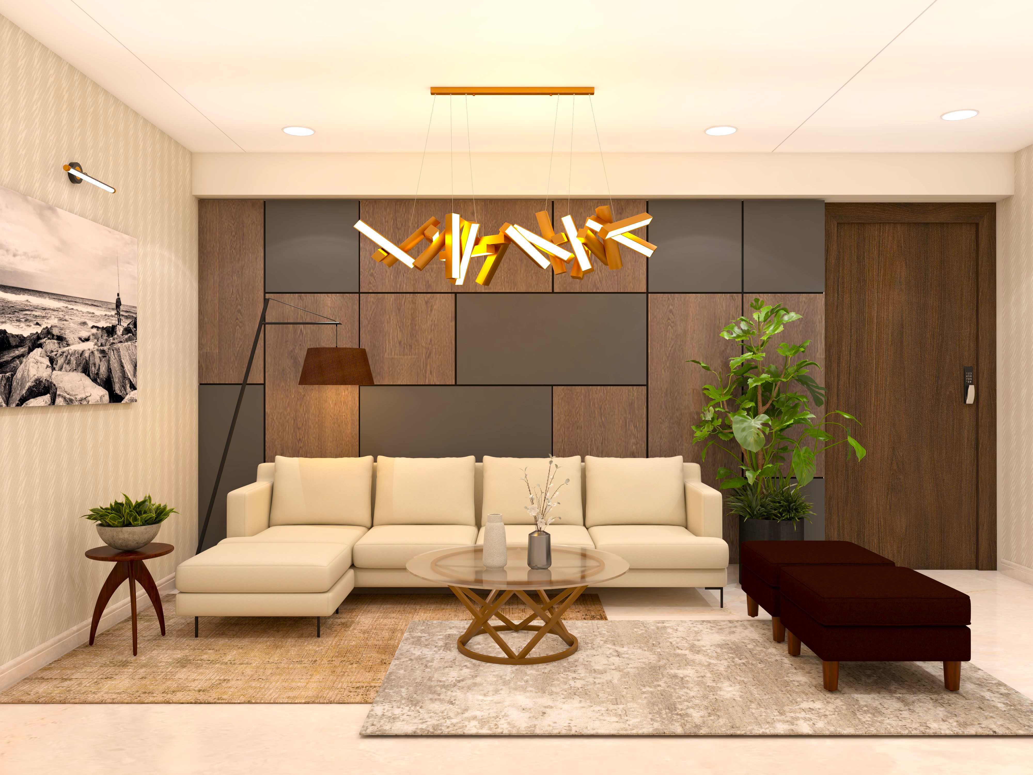 Living room with grey sofa and rafter wall paneling | Beautiful Homes