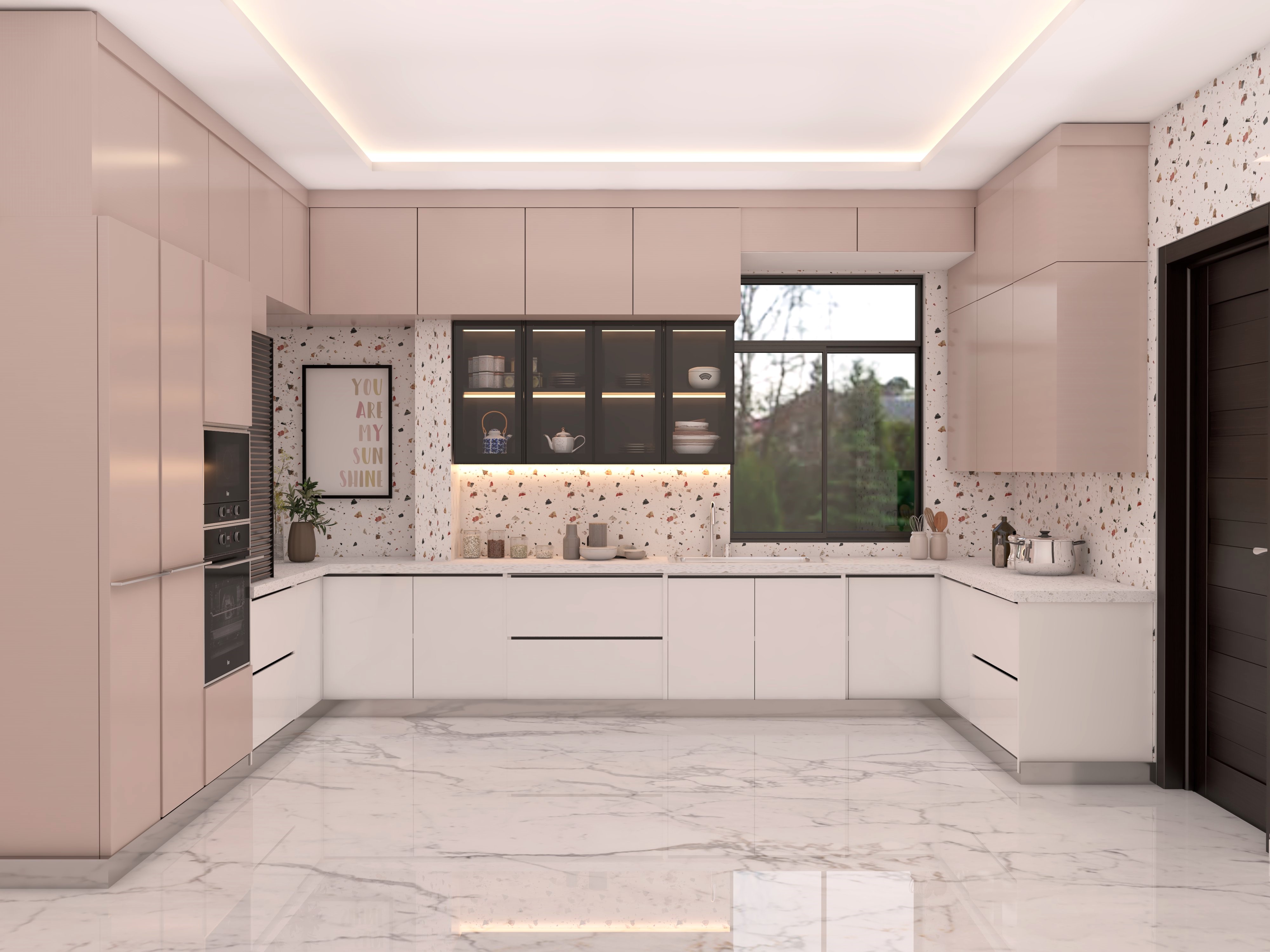 U Shaped Kitchen With False Ceiling And Maroon Cabinets U Shape